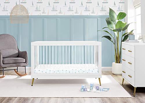 Delta Children Sloane Crib 7-Piece Baby Nursery Furniture Set–Includes: Convertible Crib, Dresser, Changing Top, Crib Mattress, Fitted Sheets, Toddler Guardrail & Changing Pad, White w/Melted Bronze