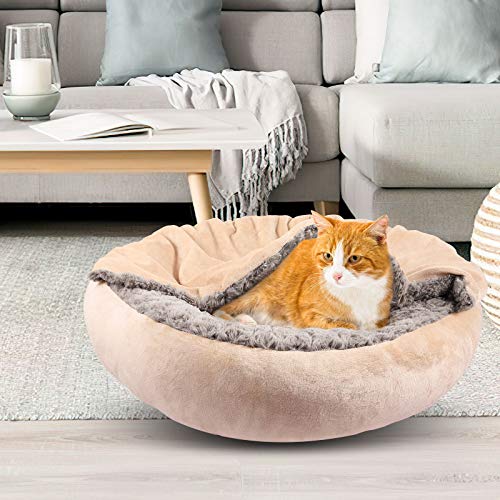 GASUR Small Dog Bed & Cat Bed, Round Donut Calming Dog Beds for Small Dogs, 23"/26" Anti-Anxiety Cave Bed with Hooded Blanket, Cozy Puppy Bed and Cat Beds for Indoor Cats, Machine Washable Pet Bed 23"