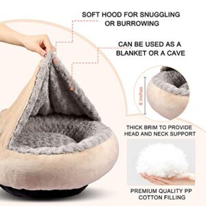 GASUR Small Dog Bed & Cat Bed, Round Donut Calming Dog Beds for Small Dogs, 23"/26" Anti-Anxiety Cave Bed with Hooded Blanket, Cozy Puppy Bed and Cat Beds for Indoor Cats, Machine Washable Pet Bed 23"