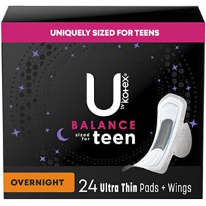 u by kotex balance sized for teens ultra thin overnight pads with wings, 24 count (packaging may vary)