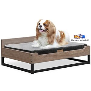 wooden dog bed and dog couch with water-resistant mattress, small to medium elevated pet bed with calming mattress, greenguard gold certified, dog beds & furniture, milo – tailzzz