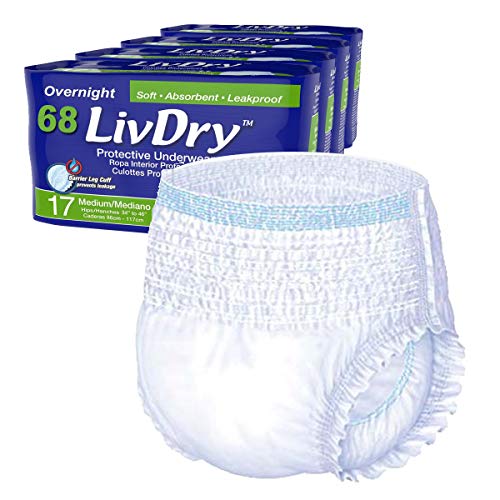 LivDry Adult M Incontinence Underwear, Overnight Comfort Absorbency, Leak Protection, Medium, 68-Pack