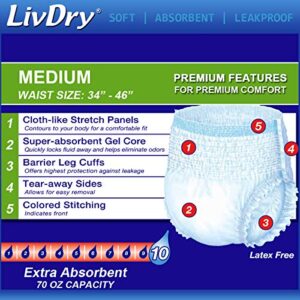 LivDry Adult M Incontinence Underwear, Overnight Comfort Absorbency, Leak Protection, Medium, 68-Pack