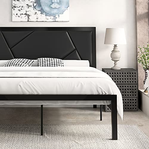 SHA CERLIN Modern Queen Size Metal Bed Frame with Geometric Litchi Grain Leather Upholstered Headboard, Platform Bed with 12" Under-Bed Storage Space, Metal Slat Support,No Box Spring Needed, Black