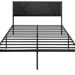 SHA CERLIN Modern Queen Size Metal Bed Frame with Geometric Litchi Grain Leather Upholstered Headboard, Platform Bed with 12" Under-Bed Storage Space, Metal Slat Support,No Box Spring Needed, Black