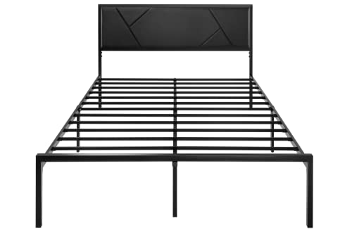 SHA CERLIN Modern Queen Size Metal Bed Frame with Geometric Litchi Grain Leather Upholstered Headboard, Platform Bed with 12" Under-Bed Storage Space, Metal Slat Support,No Box Spring Needed, Black