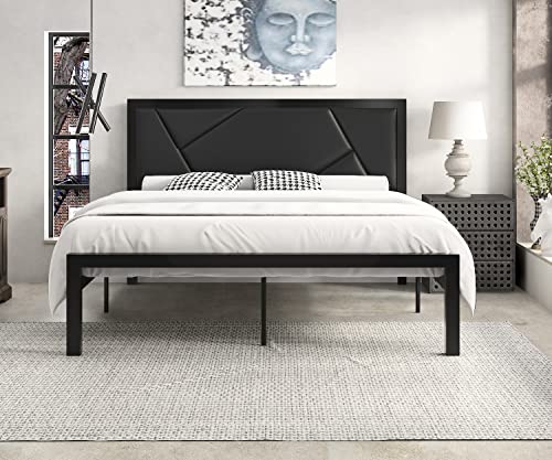 SHA CERLIN Modern Queen Size Metal Bed Frame with Geometric Litchi Grain Leather Upholstered Headboard, Platform Bed with 12" Under-Bed Storage Space, Metal Slat Support,No Box Spring Needed, Black