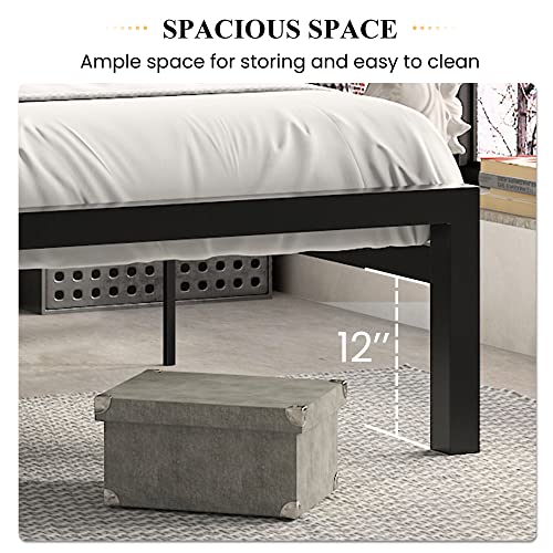 SHA CERLIN Modern Queen Size Metal Bed Frame with Geometric Litchi Grain Leather Upholstered Headboard, Platform Bed with 12" Under-Bed Storage Space, Metal Slat Support,No Box Spring Needed, Black