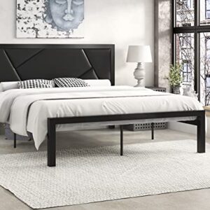 SHA CERLIN Modern Queen Size Metal Bed Frame with Geometric Litchi Grain Leather Upholstered Headboard, Platform Bed with 12" Under-Bed Storage Space, Metal Slat Support,No Box Spring Needed, Black