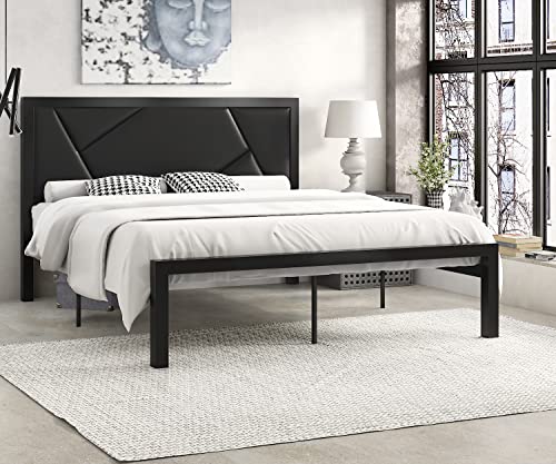 SHA CERLIN Modern Queen Size Metal Bed Frame with Geometric Litchi Grain Leather Upholstered Headboard, Platform Bed with 12" Under-Bed Storage Space, Metal Slat Support,No Box Spring Needed, Black