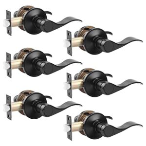 probrico (6 pack passage door lever [non-locking lever set], non-locking door handle set for hallway or closets, keyless black finish wave door lock, reversible right & left side handed