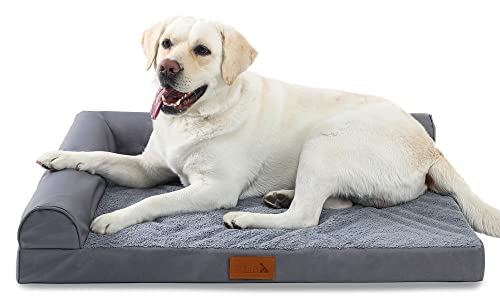 JEMA Orthopedic Dog Bed for Large Dogs, Plush Sherpa L Chaise Pet Bed with Removable Washable Cover, Egg Crate Foam Pet Bed Dog Crate Mat