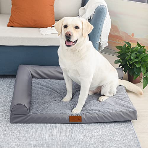 JEMA Orthopedic Dog Bed for Large Dogs, Plush Sherpa L Chaise Pet Bed with Removable Washable Cover, Egg Crate Foam Pet Bed Dog Crate Mat