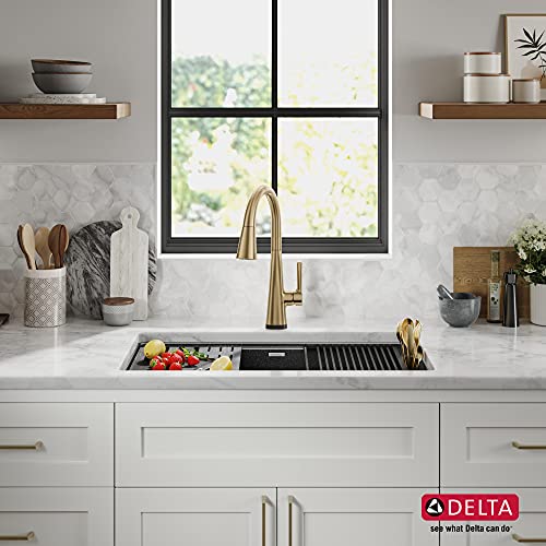 DELTA FAUCET Everest 33-inch Granite Composite Workstation Kitchen Sink Undermount Single Bowl with WorkFlow Ledge and Accessories in Metallic Black, 75B933-33S-BL