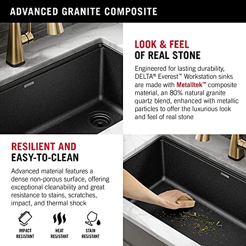 DELTA FAUCET Everest 33-inch Granite Composite Workstation Kitchen Sink Undermount Single Bowl with WorkFlow Ledge and Accessories in Metallic Black, 75B933-33S-BL