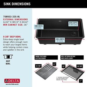 DELTA FAUCET Everest 33-inch Granite Composite Workstation Kitchen Sink Undermount Single Bowl with WorkFlow Ledge and Accessories in Metallic Black, 75B933-33S-BL