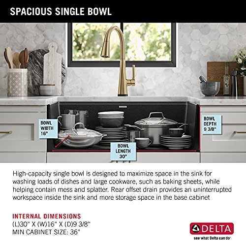 DELTA FAUCET Everest 33-inch Granite Composite Workstation Kitchen Sink Undermount Single Bowl with WorkFlow Ledge and Accessories in Metallic Black, 75B933-33S-BL