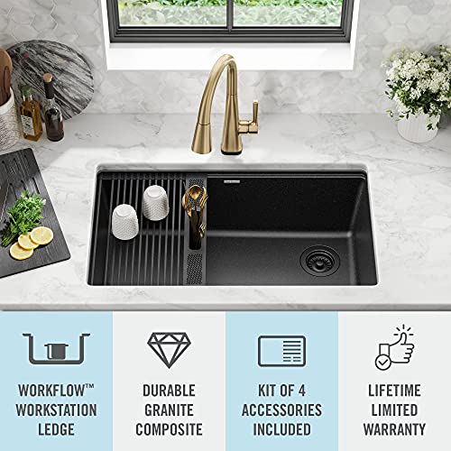 DELTA FAUCET Everest 33-inch Granite Composite Workstation Kitchen Sink Undermount Single Bowl with WorkFlow Ledge and Accessories in Metallic Black, 75B933-33S-BL