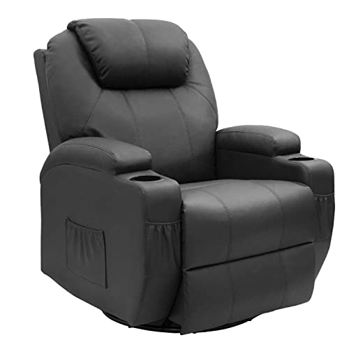 JUMMICO Recliner Chair Rocking Massage Recliner Chairs Heated Home Sofa PU Leather Ergonomic Living Room Chair Overstuffed Cushion Lounge 360 Degree Swivel and Rocking (Black)