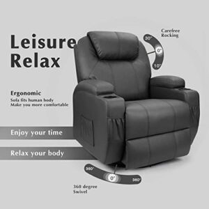 JUMMICO Recliner Chair Rocking Massage Recliner Chairs Heated Home Sofa PU Leather Ergonomic Living Room Chair Overstuffed Cushion Lounge 360 Degree Swivel and Rocking (Black)