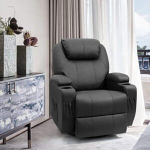 JUMMICO Recliner Chair Rocking Massage Recliner Chairs Heated Home Sofa PU Leather Ergonomic Living Room Chair Overstuffed Cushion Lounge 360 Degree Swivel and Rocking (Black)