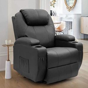 JUMMICO Recliner Chair Rocking Massage Recliner Chairs Heated Home Sofa PU Leather Ergonomic Living Room Chair Overstuffed Cushion Lounge 360 Degree Swivel and Rocking (Black)