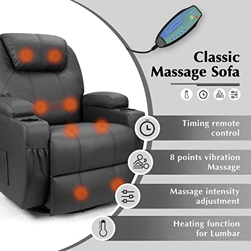 JUMMICO Recliner Chair Rocking Massage Recliner Chairs Heated Home Sofa PU Leather Ergonomic Living Room Chair Overstuffed Cushion Lounge 360 Degree Swivel and Rocking (Black)