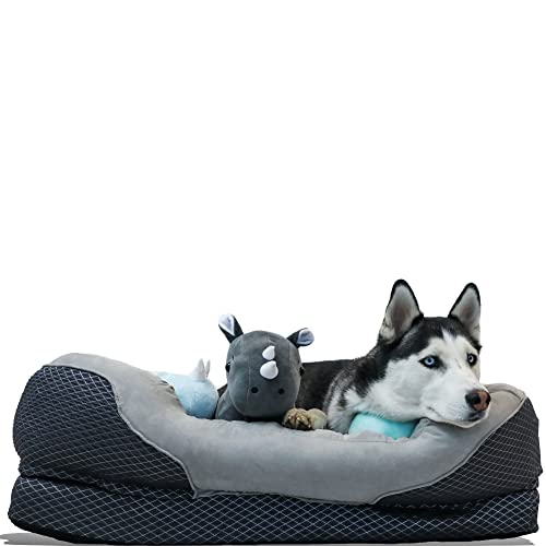 BarksBar Snuggly Sleeper Large Gray Diamond Orthopedic Dog Bed with Solid Orthopedic Foam, Soft Cotton Bolster, and Ultra Soft Plush Sleeping Space - 40 x 30 Inches