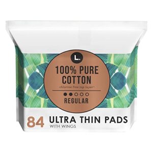 l. organic cotton ultra thin pads for women, regular absorbency, free from chlorine bleaching pesticides fragrances or dyes, 84 count