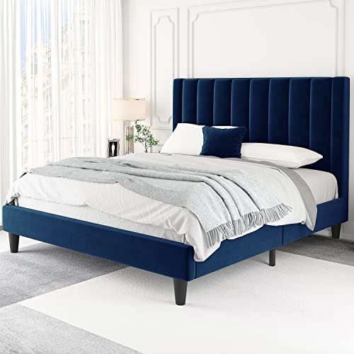 HOOMIC Queen Size Platform Bed Frame with Velvet Upholstered Plush Vertical Channel Headboard, No Box Spring Needed, Easy Assembly,Navy Blue