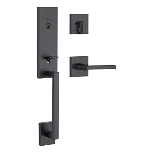 Kwikset Vancouver Low Profile Front Lock Handleset with Microban Including Slim Modern Halifax Door Lever Handle Featuring SmartKey Security, Iron Black 98180-015