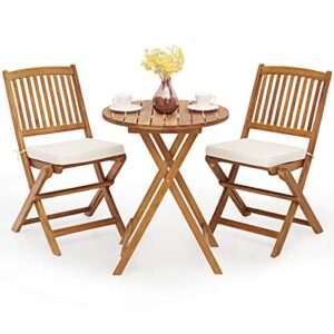 giantex 3pcs patio bistro set, wood folding table set, 2 cushioned chairs for garden yard, outdoor furniture round table (natural & beige)