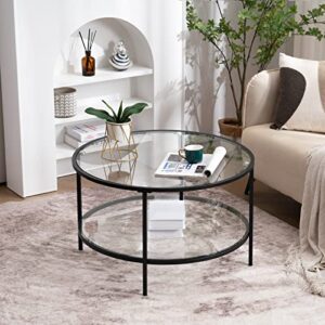 vingli glass coffee table,30″ round coffee table black coffee tables for living room,2-tier glass top coffee table with storage clear coffee table,simple & modern center table mesa de centro para sala