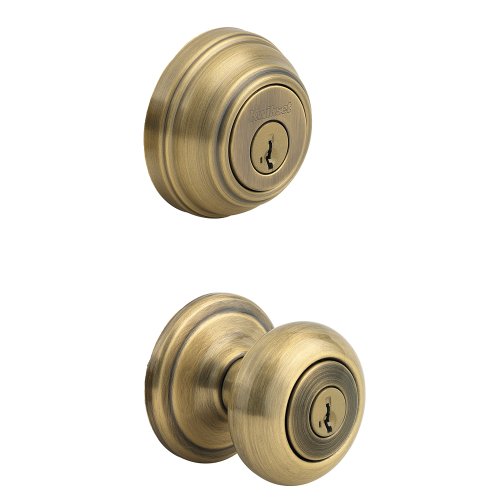 Kwikset Juno Keyed Entry Door Knob and Single Cylinder Deadbolt Combo Pack with Microban Antimicrobial Protection featuring SmartKey Security in Antique Brass