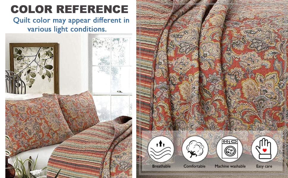 Cozy Line Home Fashions Red Orange Vintage Reversible 100% Cotton 3-Piece Quilt Bedding Set, Coverlet Bedspread (Lara Spice Paisley, King - 3 Piece)