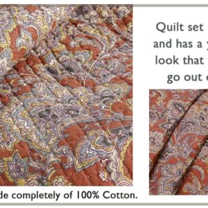 Cozy Line Home Fashions Red Orange Vintage Reversible 100% Cotton 3-Piece Quilt Bedding Set, Coverlet Bedspread (Lara Spice Paisley, King - 3 Piece)