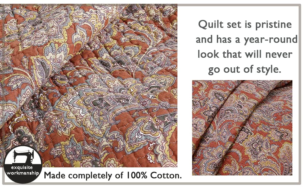 Cozy Line Home Fashions Red Orange Vintage Reversible 100% Cotton 3-Piece Quilt Bedding Set, Coverlet Bedspread (Lara Spice Paisley, King - 3 Piece)