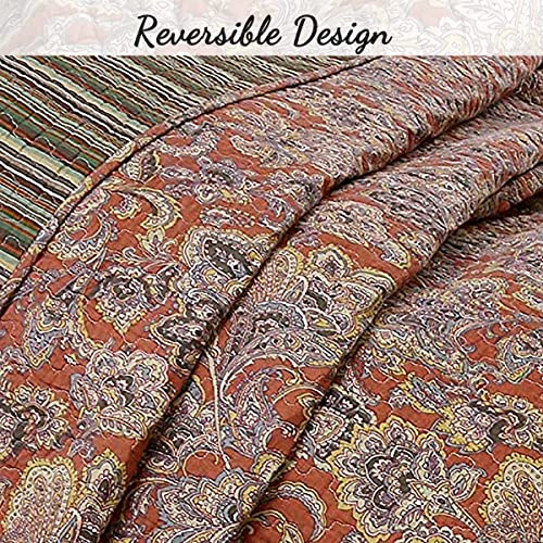 Cozy Line Home Fashions Red Orange Vintage Reversible 100% Cotton 3-Piece Quilt Bedding Set, Coverlet Bedspread (Lara Spice Paisley, King - 3 Piece)