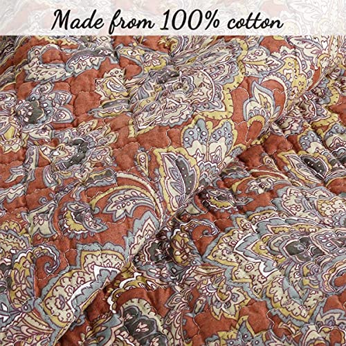 Cozy Line Home Fashions Red Orange Vintage Reversible 100% Cotton 3-Piece Quilt Bedding Set, Coverlet Bedspread (Lara Spice Paisley, King - 3 Piece)