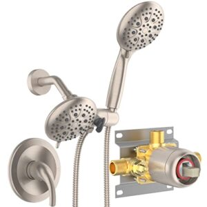 sr sun rise shower system with handheld shower and rain shower combo set high pressure 5-spray dual 2 in 1 shower faucet patented 3-way diverter brushed nickel (valve include）