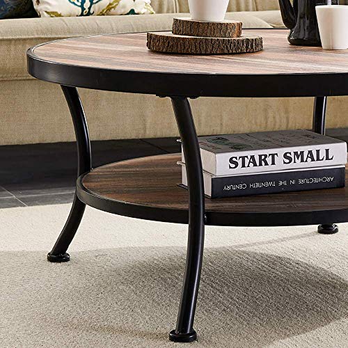 O&K FURNITURE Rustic Round Coffee Table for Living Room, 2 Tier Industrial Cocktail Table with Open Shelving, Vintage Brown Finish,1-PC