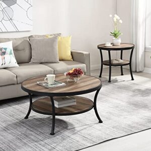 O&K FURNITURE Rustic Round Coffee Table for Living Room, 2 Tier Industrial Cocktail Table with Open Shelving, Vintage Brown Finish,1-PC