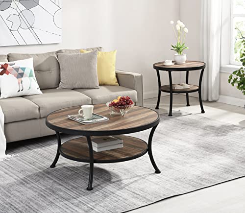 O&K FURNITURE Rustic Round Coffee Table for Living Room, 2 Tier Industrial Cocktail Table with Open Shelving, Vintage Brown Finish,1-PC