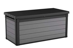 keter premier 150 gallon resin large deck box for patio garden furniture, outdoor cushion storage, pool accessories, and toys, grey