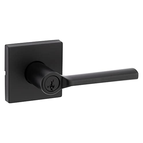 Kwikset Lisbon Keyed Entry Lever with Square Rose Featuring SmartKey Security in Matte Black