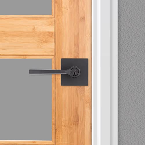 Kwikset Lisbon Keyed Entry Lever with Square Rose Featuring SmartKey Security in Matte Black