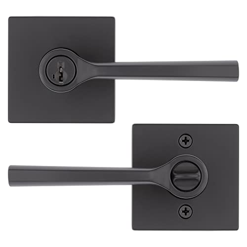 Kwikset Lisbon Keyed Entry Lever with Square Rose Featuring SmartKey Security in Matte Black