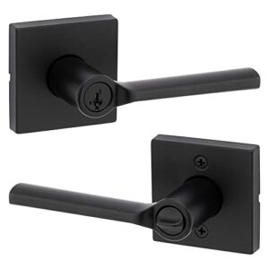 Kwikset Lisbon Keyed Entry Lever with Square Rose Featuring SmartKey Security in Matte Black