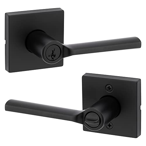 Kwikset Lisbon Keyed Entry Lever with Square Rose Featuring SmartKey Security in Matte Black