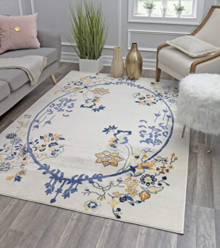 Rugs America Ivory Blue Floral Transitional Rug Gold Magnolia VA20D 2'0"X4'0" Area Rug